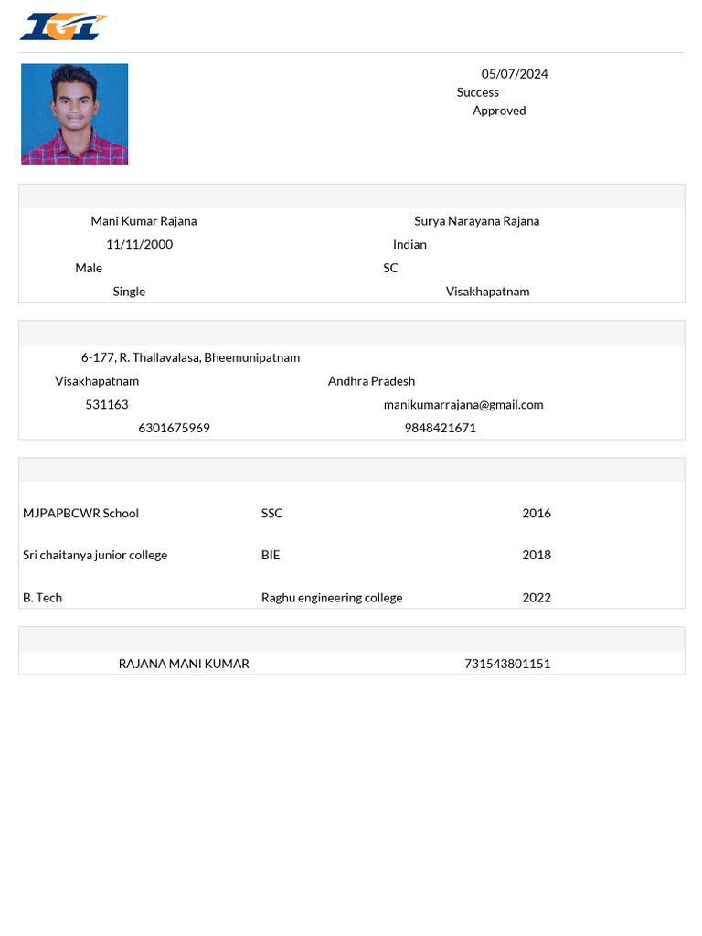 application-status-mani-kumar-rajana-0630151720184415 | PDF