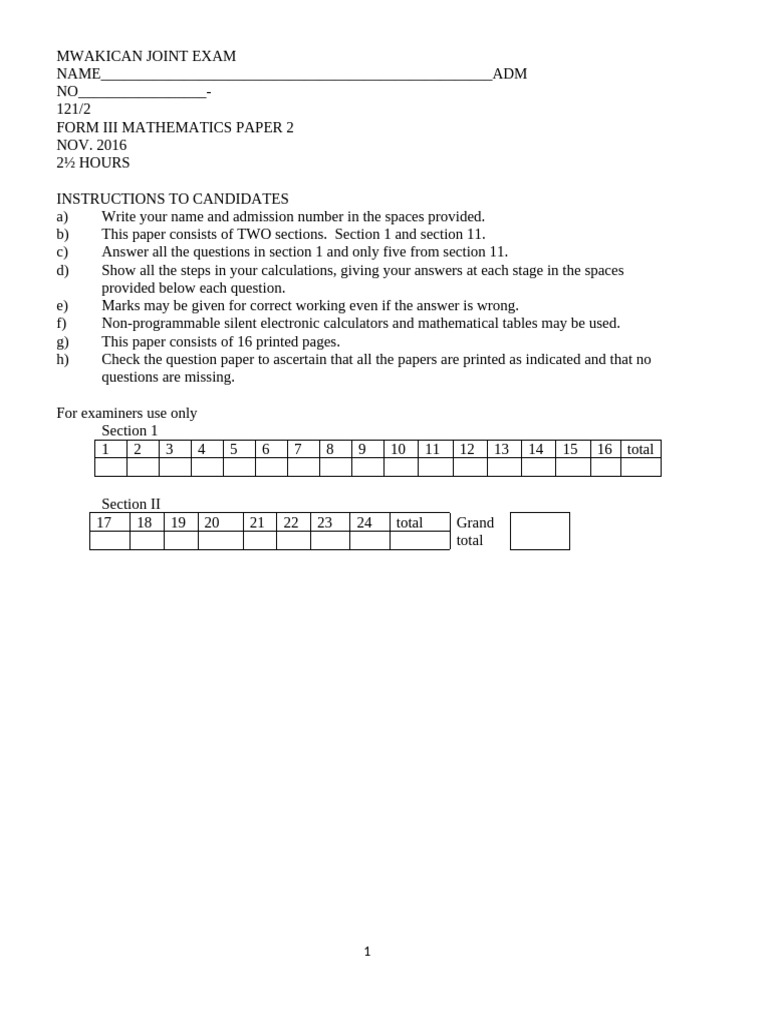 Form III Math Exam Paper 2 (2016) | PDF | Mathematics