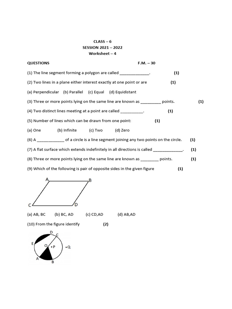 Class 6 Worksheet-4 | PDF | Line (Geometry) | Circle