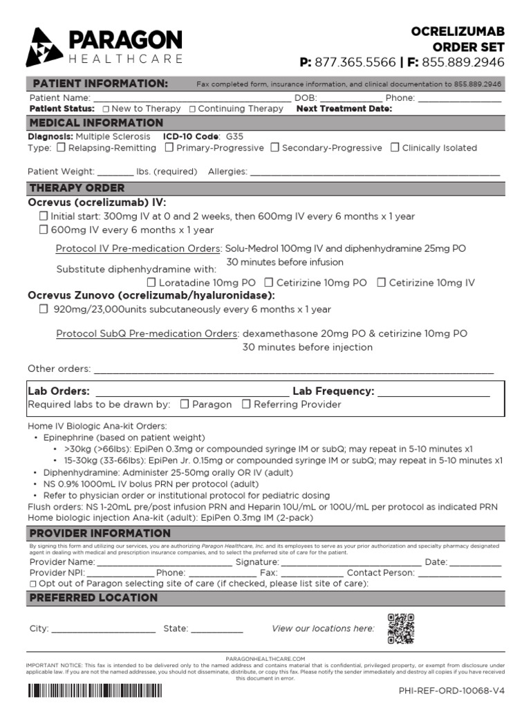 Ocrevus Therapy Order & Patient Info Form | PDF | Health Care | Medicine