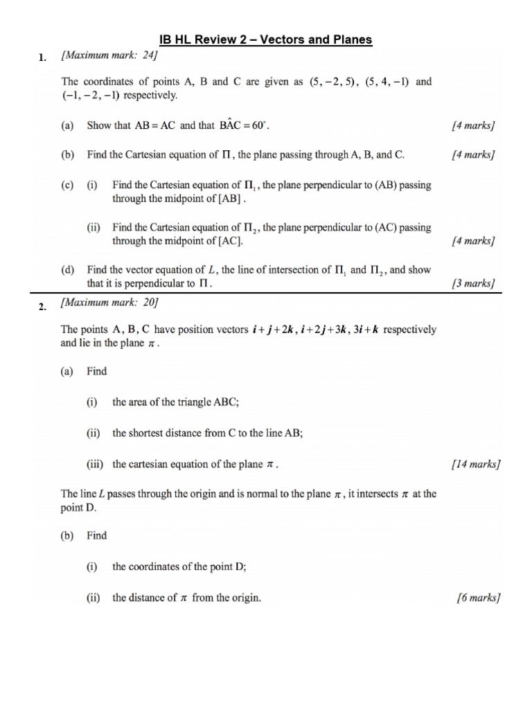 IB HL Vectors and Planes Review | PDF