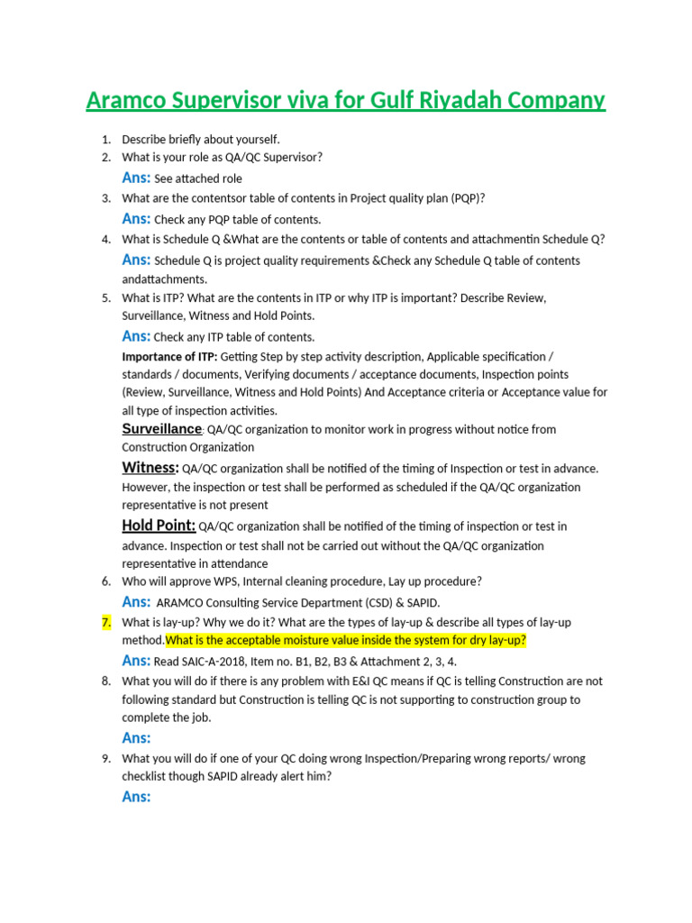 Aramco Supervisor Viva For Gulf Riyadah 2 | PDF | Mechanical Engineering