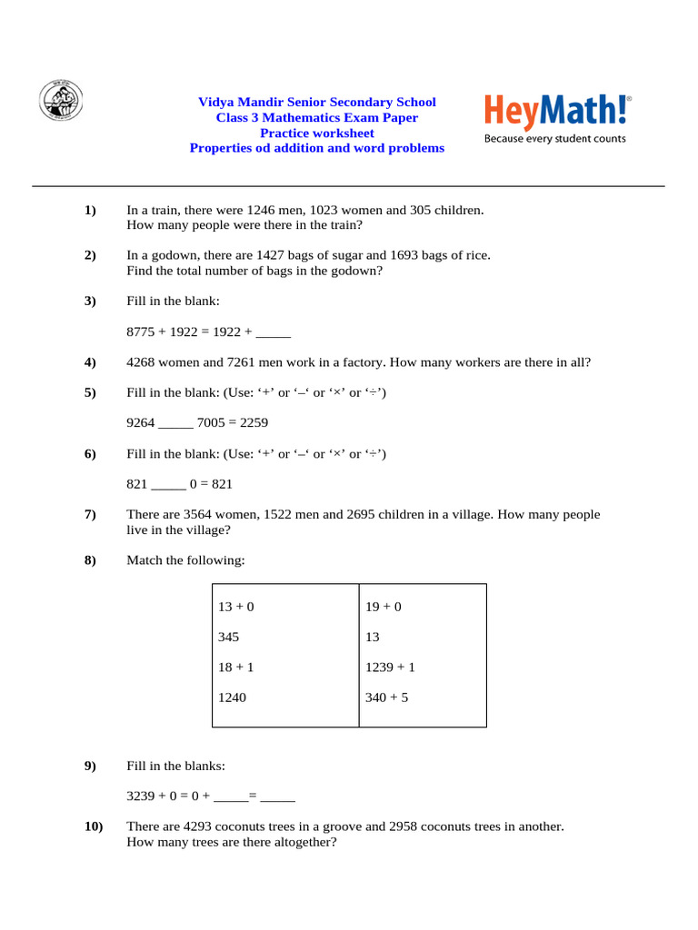 Maths CBSE Class 3 Practice - Worksheet | PDF
