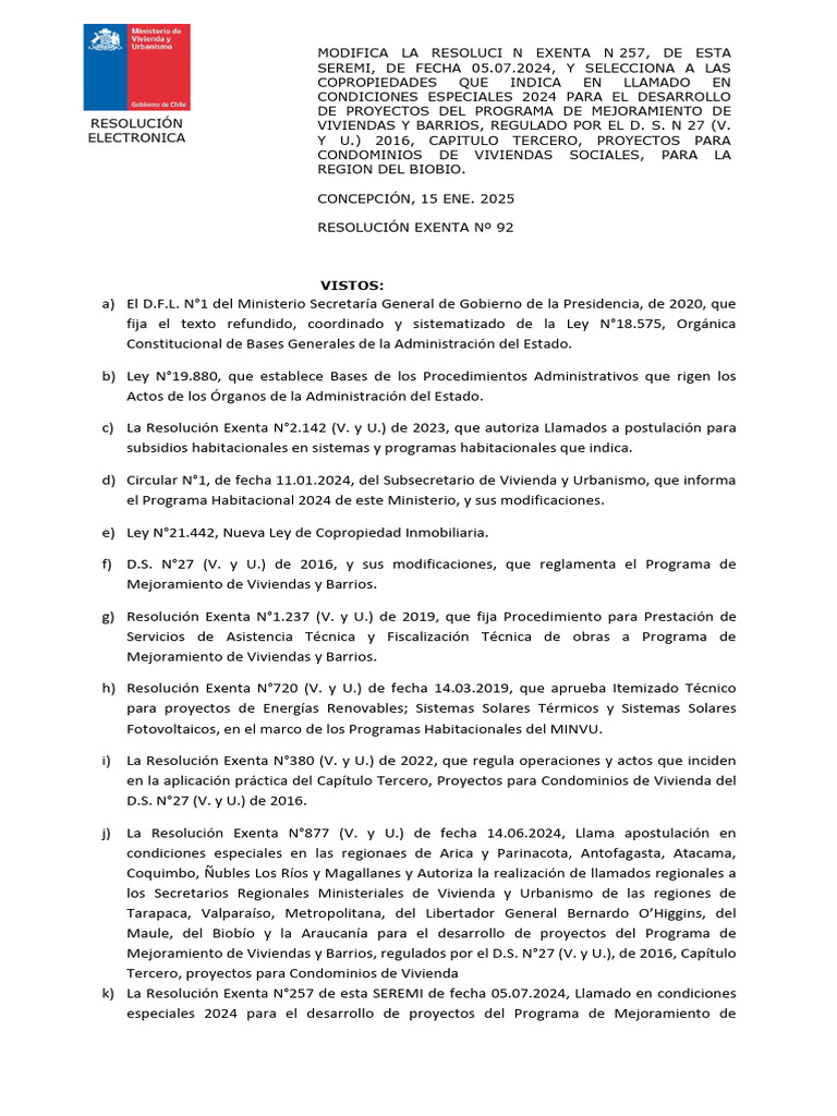 Res 92 Del 15-01-25 SELECCIONA CCSS Llamado DS27 2024 | PDF | Arreglos de vivienda | Chile