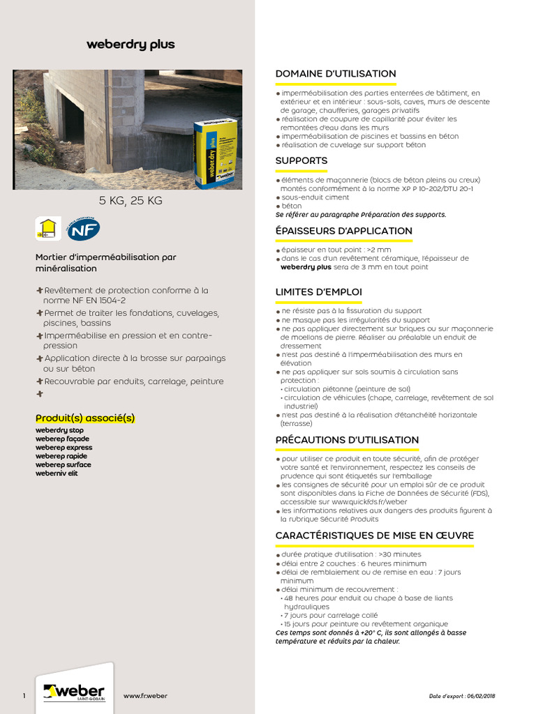 WEBER - Enduit d'imperméabilisation weberdry plus FT | PDF | Béton ...