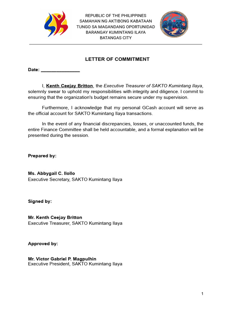 Commitment Letter for SAKTO Kumintang Ilaya | PDF