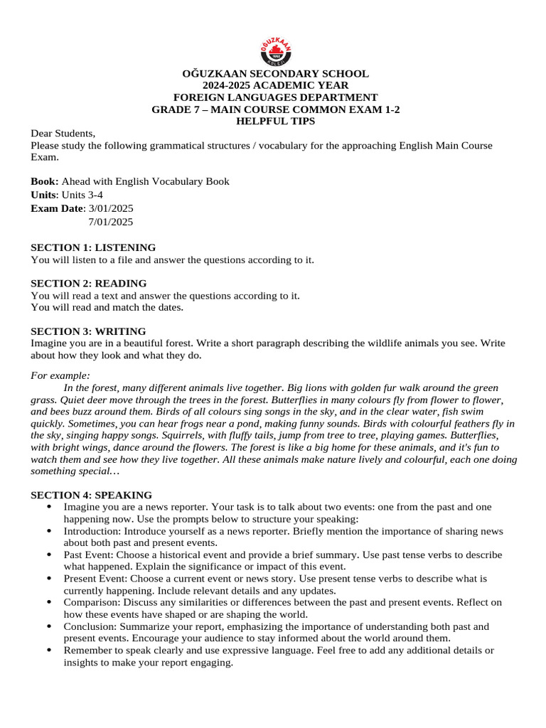2024-2025 - Grade 7 - English Exam - Helpful Tips | PDF