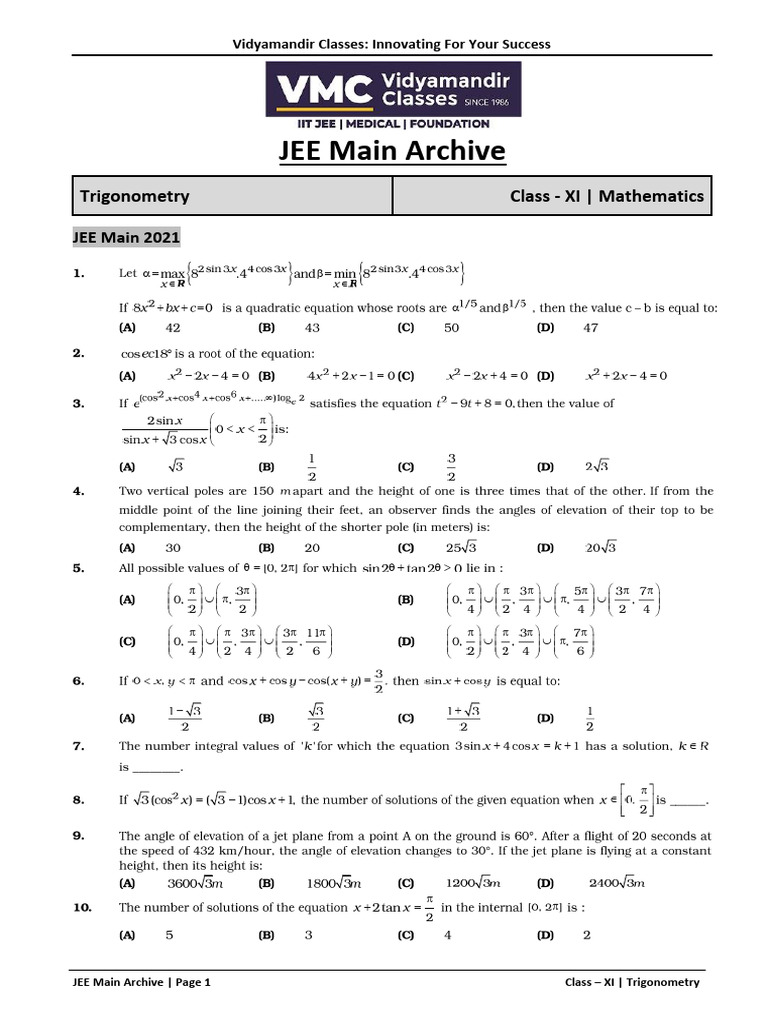 JEE Main Archive 2021-2024 - Trigonometry-Questions | PDF | Algebra ...