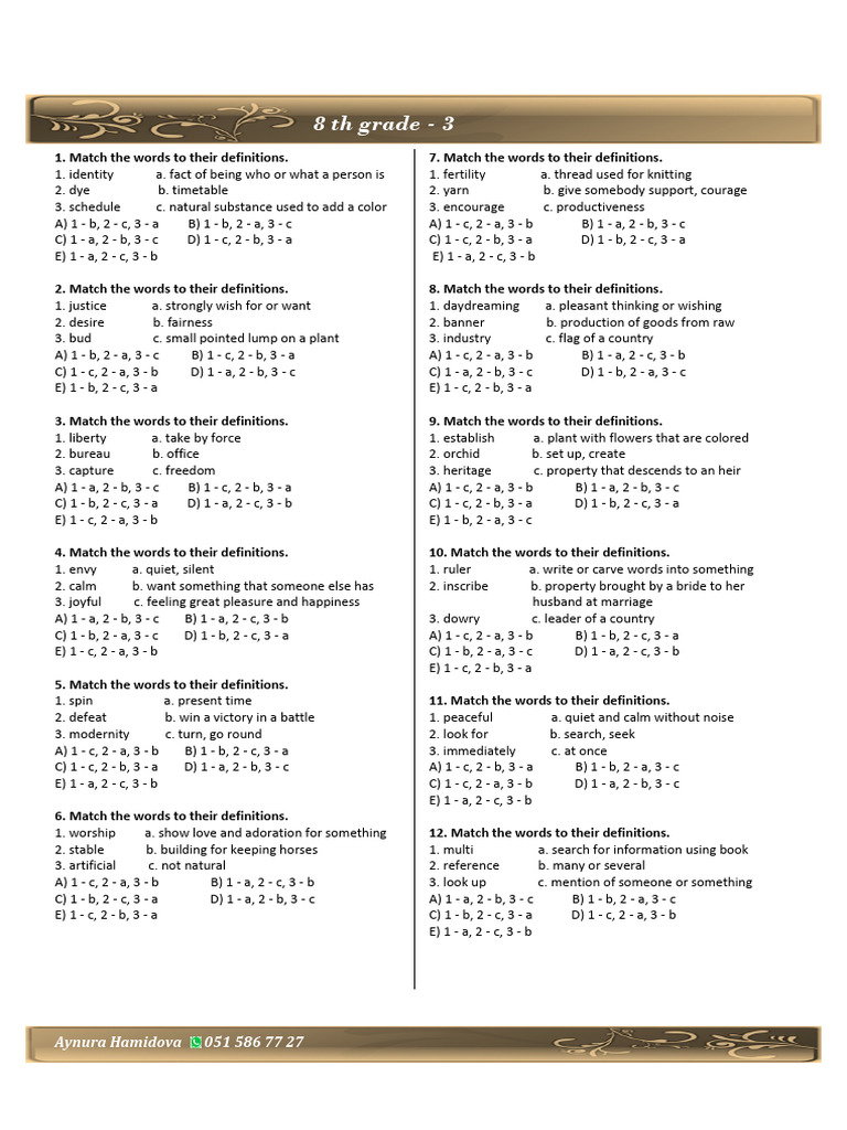 Vocabulary Matching Exercise for 8th Grade | PDF