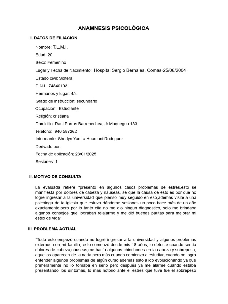 Formato de Anamnesis Psicológica Hoy Mio | PDF | El embarazo | Parto