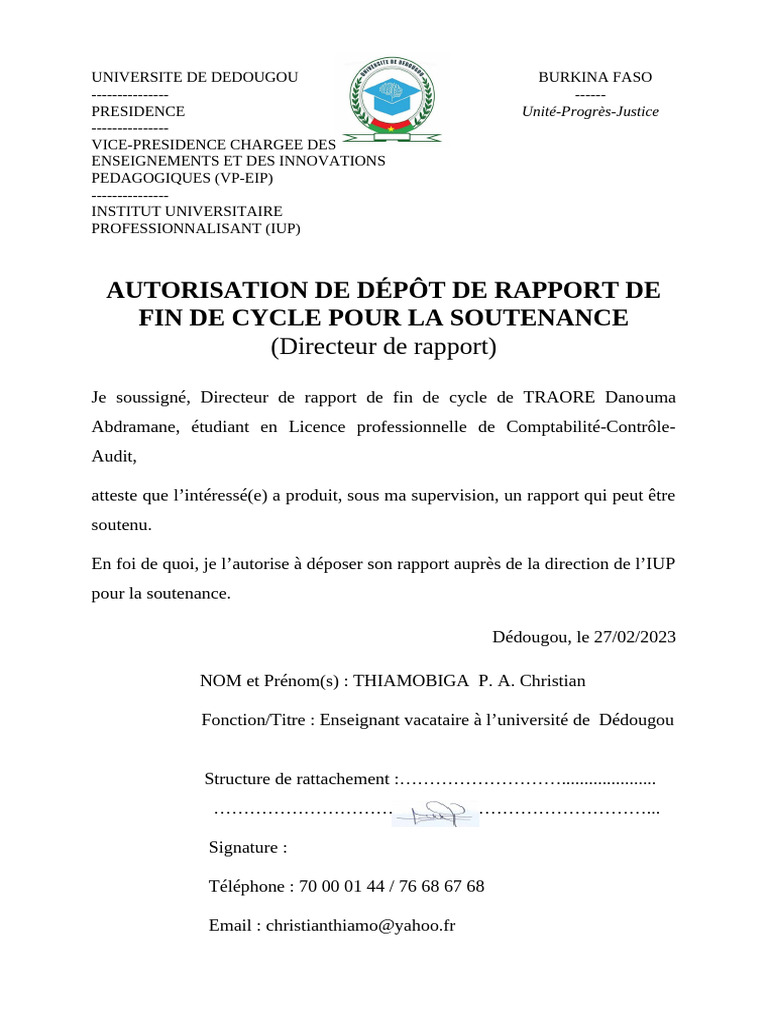Rapport de soutenance de TRAORE Danouma | PDF