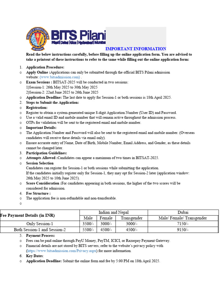 Bitsat Important Information | PDF | Computing