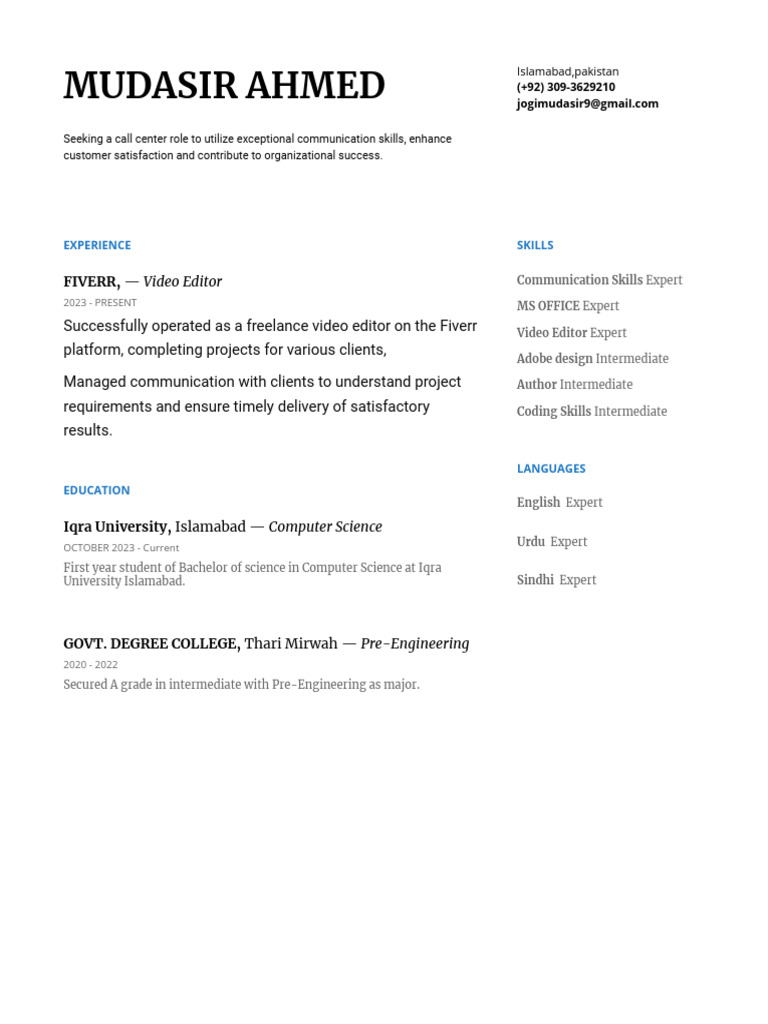 Mudasir Ahmed: Video Editor | PDF