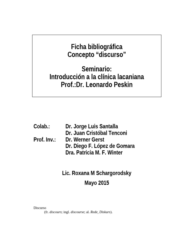 Ficha Discurso-Roxana M Schargorodsky | PDF | Jacques Lacan | Semiótica