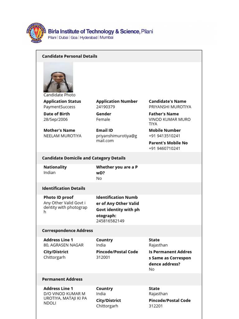 Application Form BITSAT-2024 | PDF