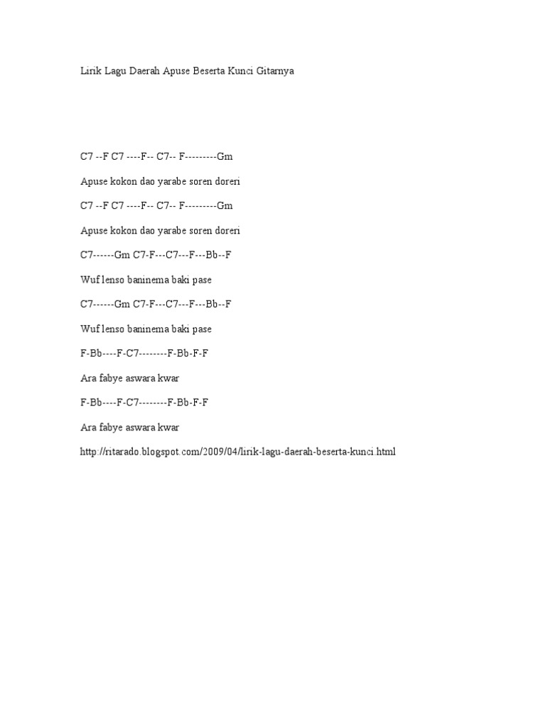 Lirik Lagu Daerah Apuse Beserta Kunci Gitarnya | PDF