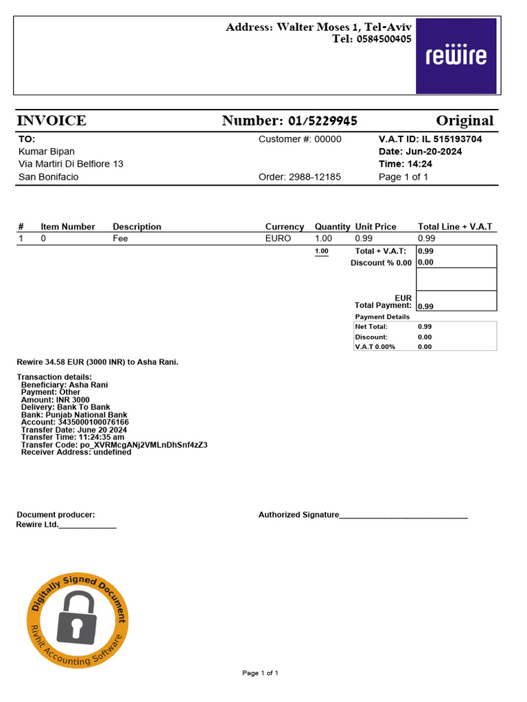 Invoice Number: 01/5229945 Original: Address: Walter Moses 1, Tel-Aviv ...