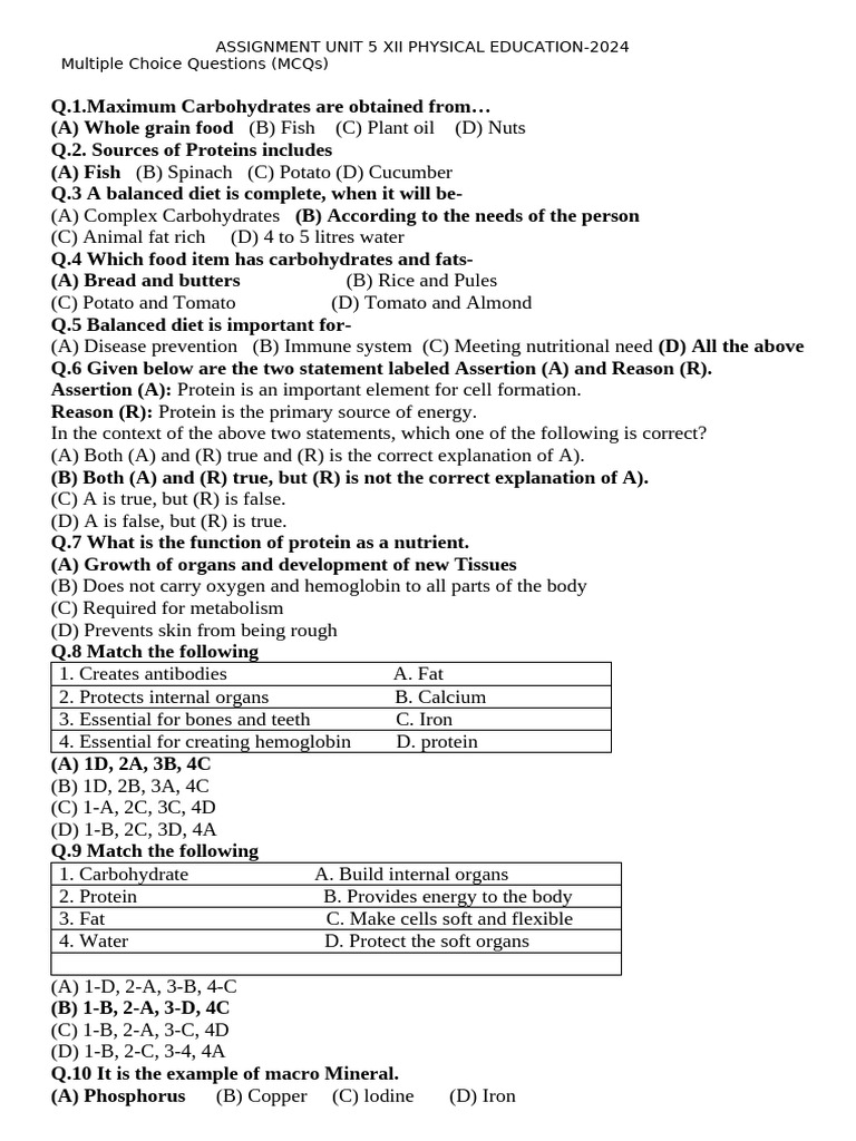 Assignment 1 Answer Key Unit 5 | PDF | Food Energy | Nutrition