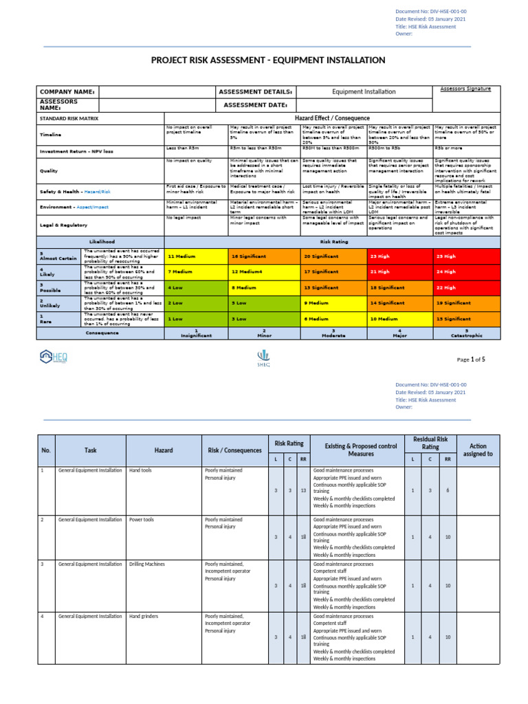 Risk Assessment - Equipment Installation Baseline - 2021 | PDF | Risk ...