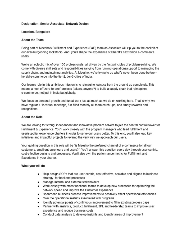 Sr. Associate - Network Design | PDF | Business Economics | Economies