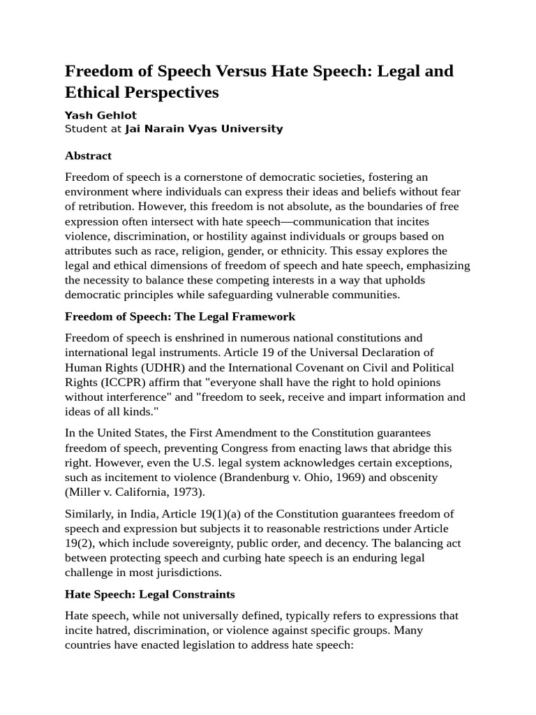 Freedom of Speech Versus Hate Speech | PDF | Hate Speech | Freedom Of ...