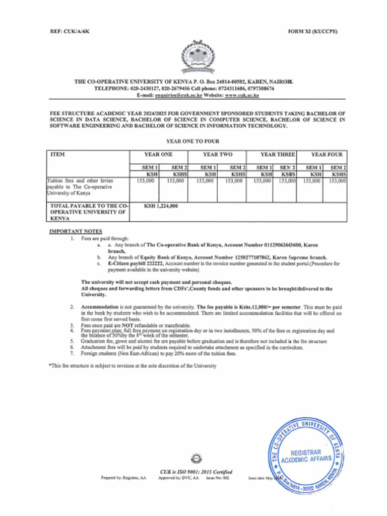 Fee Structure Bachelors Kuccps | PDF