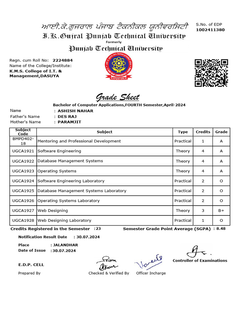BCA Fourth Semester Grade Sheet | PDF