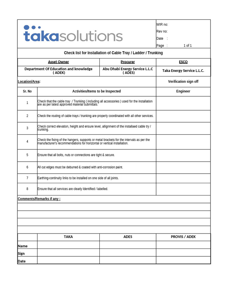 Cable Installation Checklist | PDF