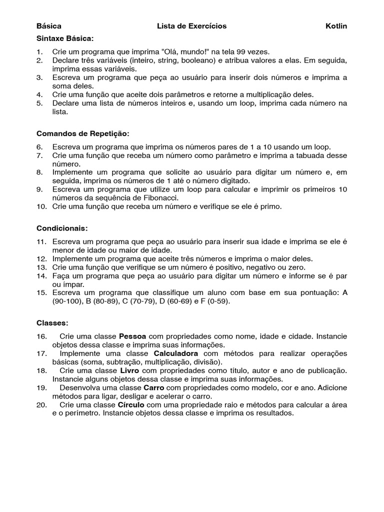 Lista de Exercícios Kotlin Básica | PDF