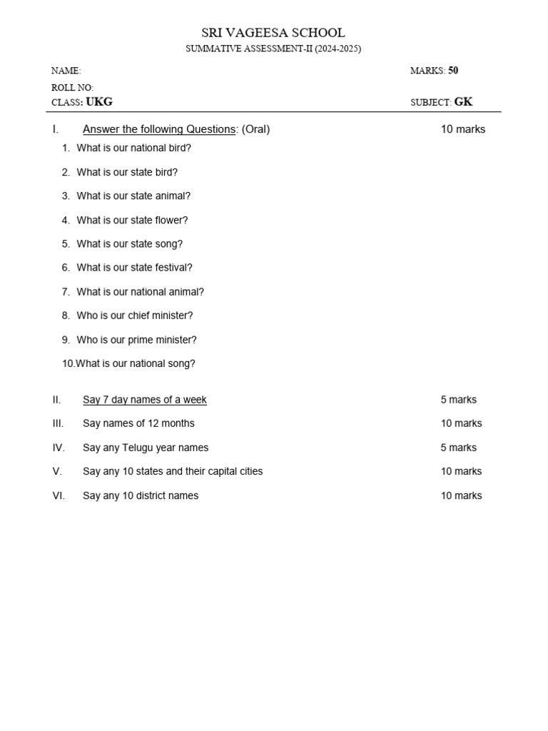 UKG GK Summative Assessment 2024-2025 | PDF