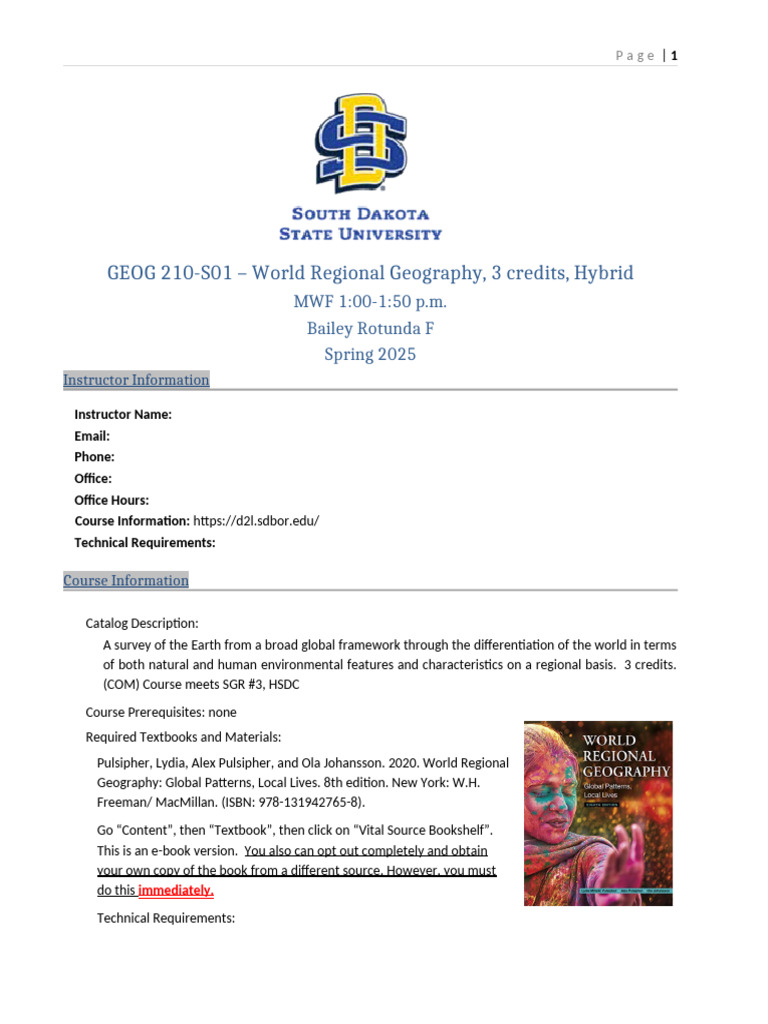 GEOG 210 Syllabus 2025 Spring | PDF | Social Sciences | Geography