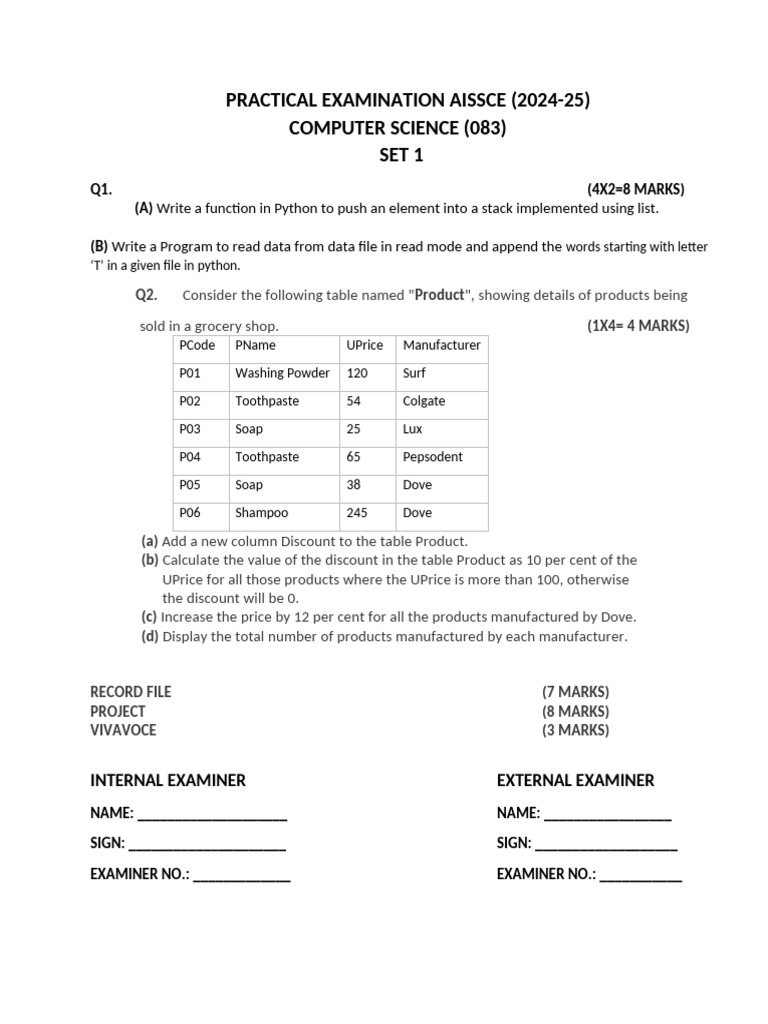 PRACTICAL EXAMINATION AISSCE 2024 | PDF | Databases | Computer Programming