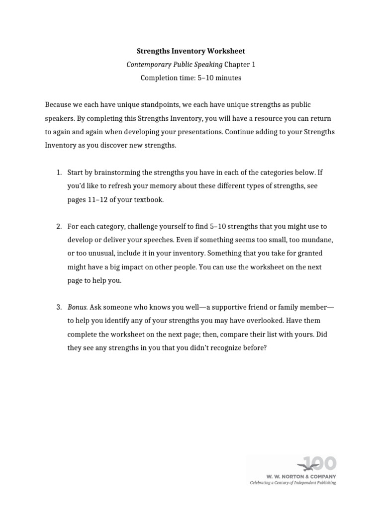 Strengths Inventory Worksheet Guide | PDF