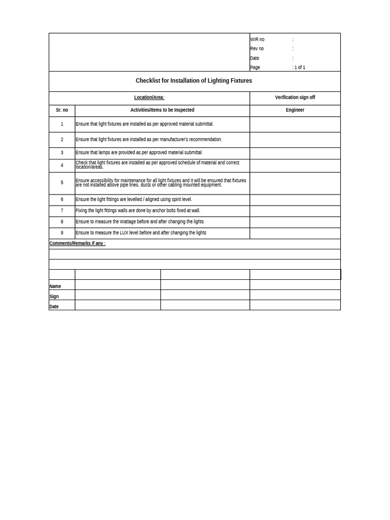 Checklist For Installation of Lighting Fixtures | PDF