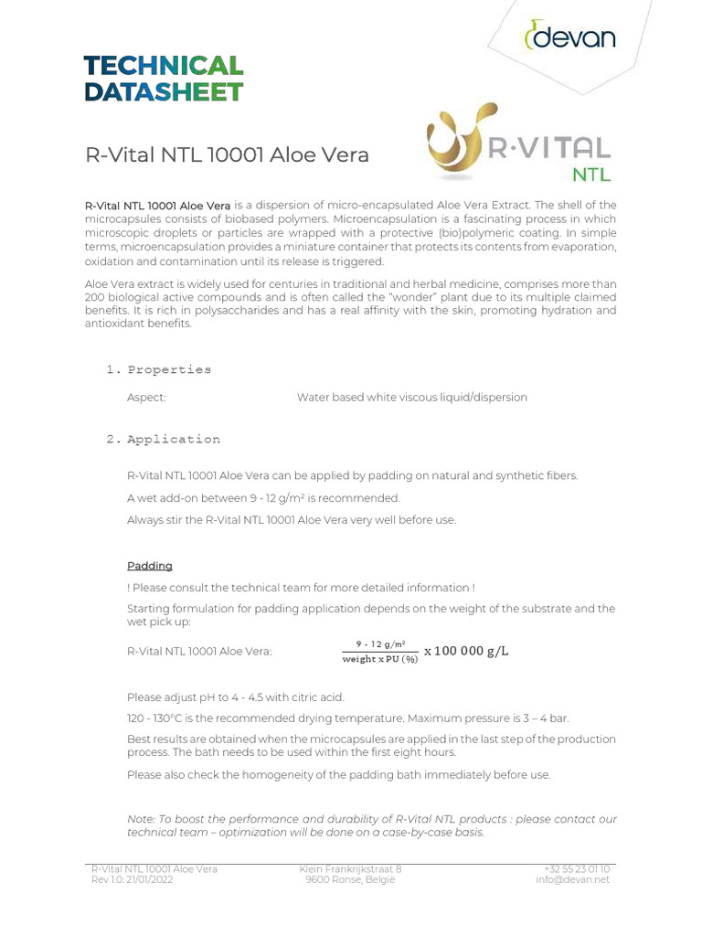 TDS R-Vital NTL 10001 Aloe Vera_v1.1_21-01-2022 | PDF | Physical Sciences | Chemical Substances