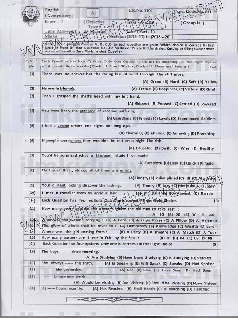 Past Paper 2019 Bahawalpure Board Inter Part 1 English Compulsory Subjective Group I | PDF