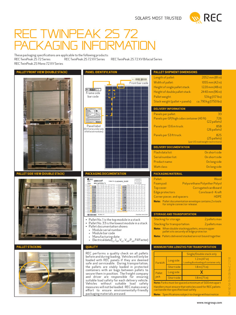 REC TwinPeak 2S 72 Packaging Information | PDF | Pallet | Freight Transport