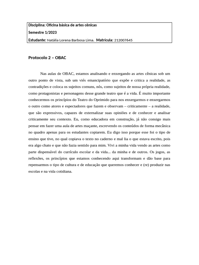Protocolo 2 OBAC Natália | PDF