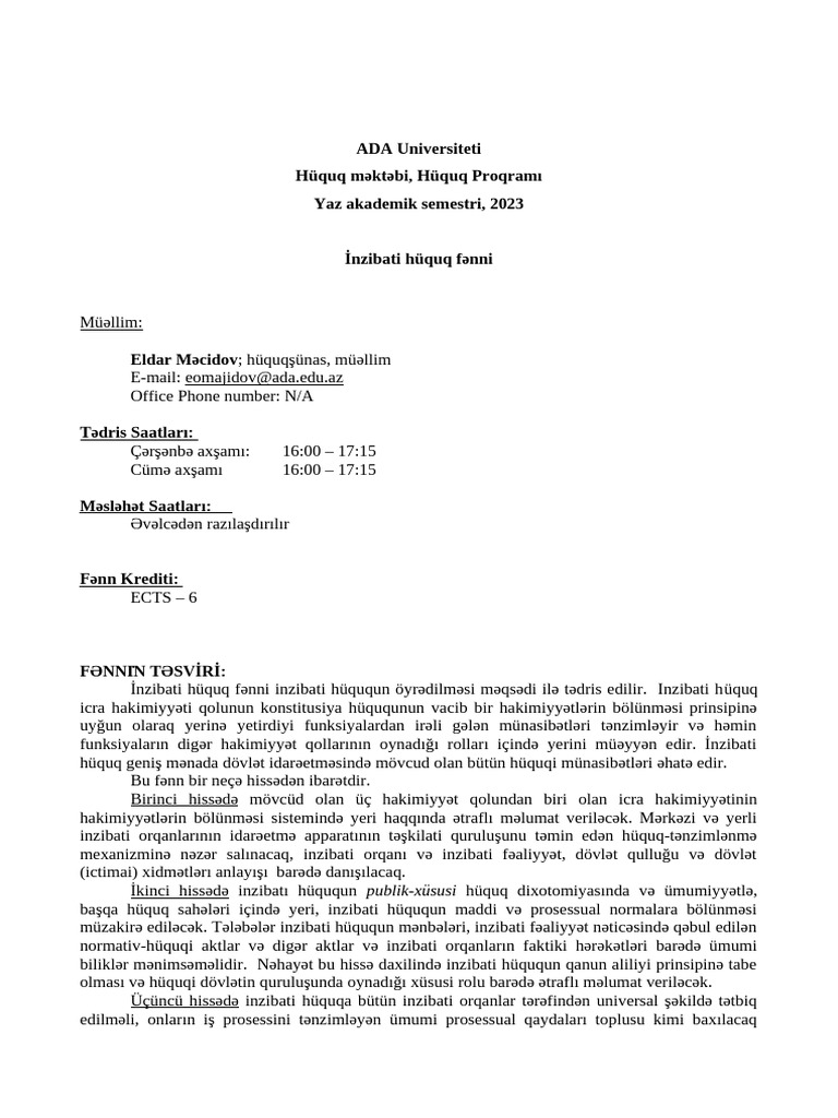 Tentative Syallbus-Administrative Law-Eldar Majidov 20449 | PDF