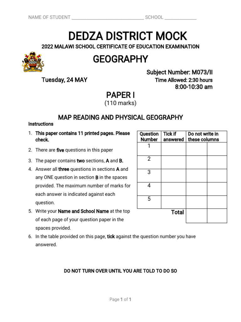 2022 Malawi Geography Mock Exam Paper | PDF