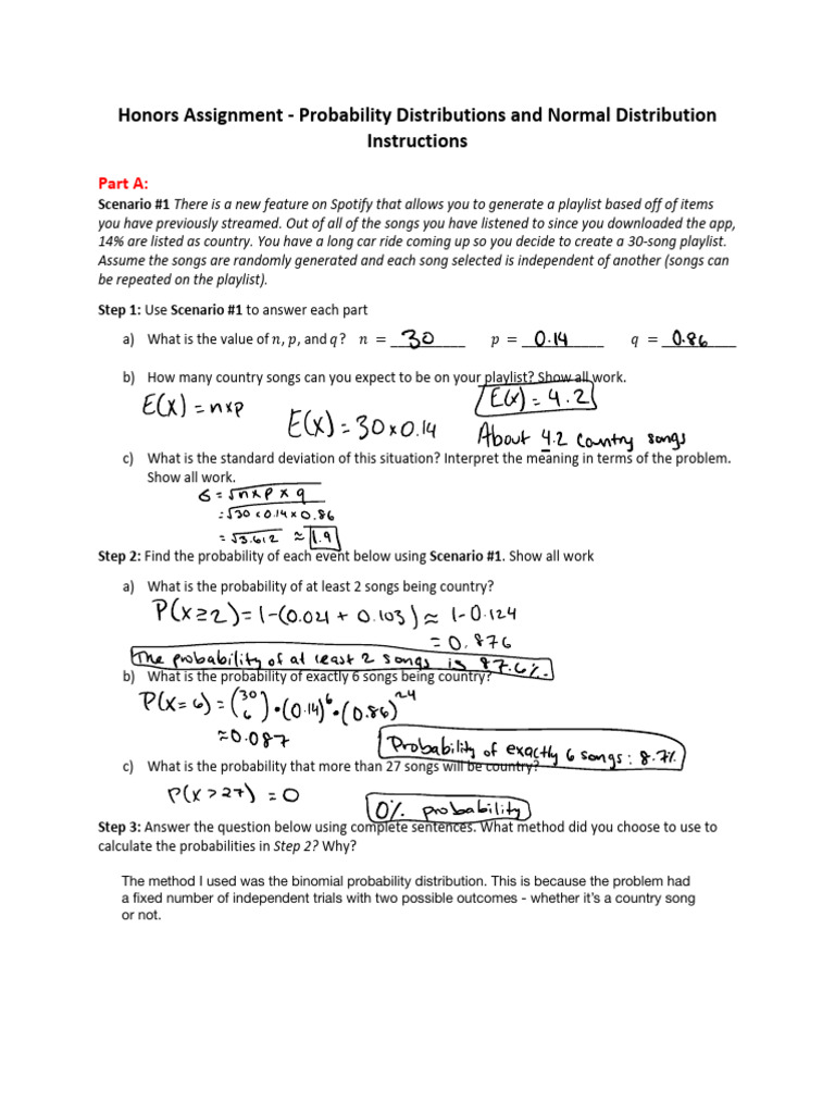 Honors Assignment - Probability Distributions and Normal Distribution Instructions | PDF ...