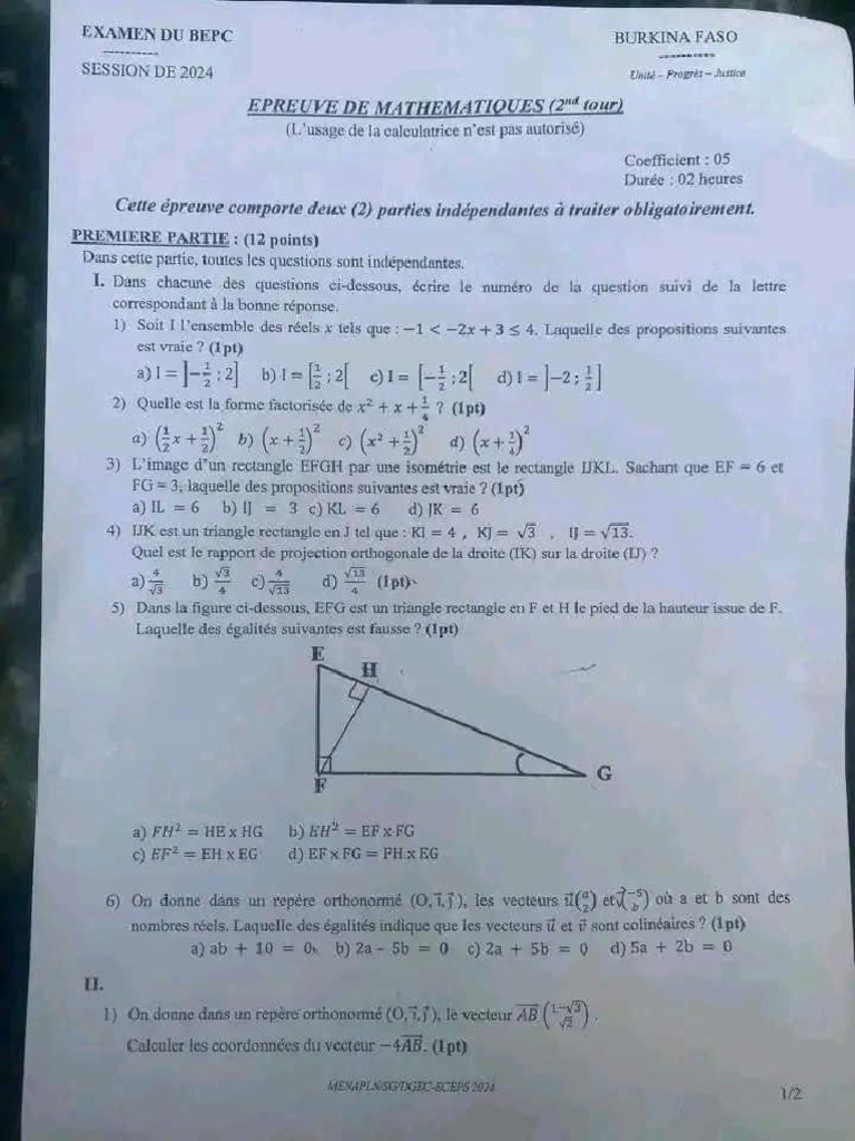 Epreuve Bepc 2024 Mathematiques 2eme Tour | PDF