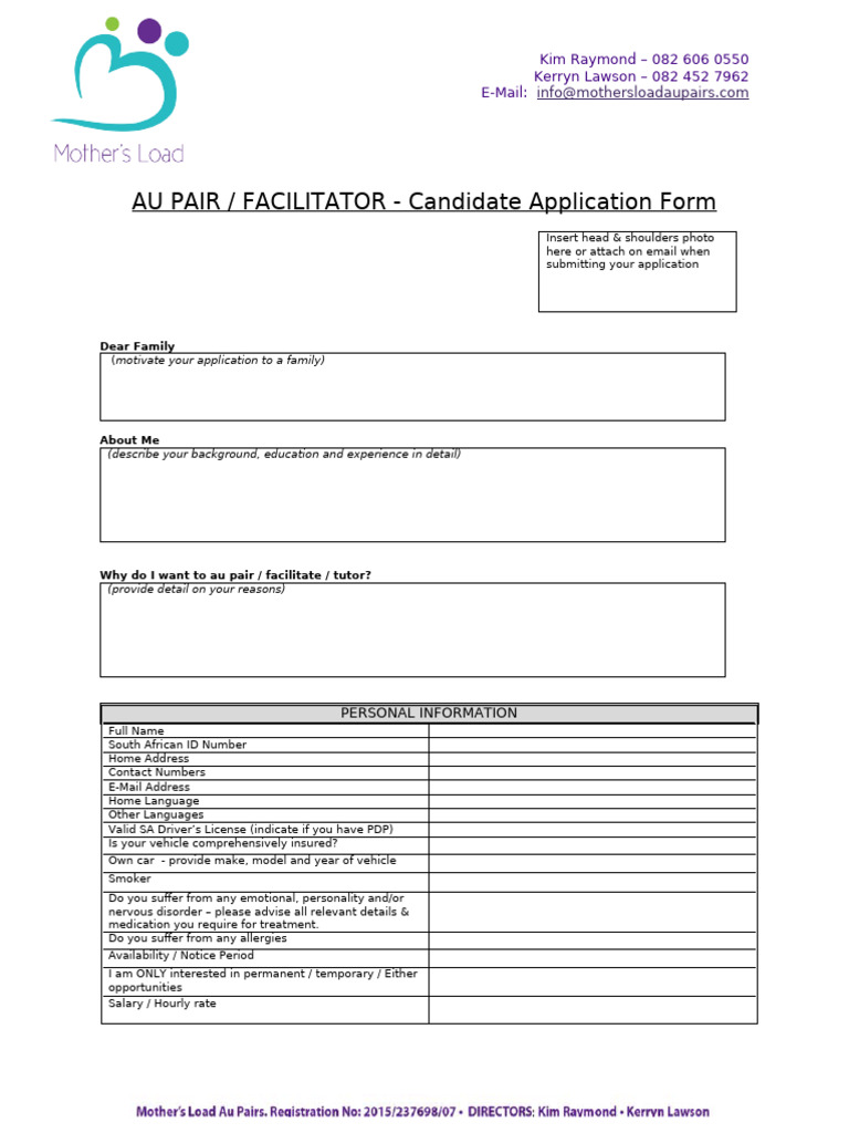 Au Pair Candidate Application Form | PDF