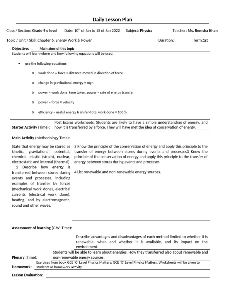 Daily Lesson Plan Format 9 o Leve | PDF | Force | Nature