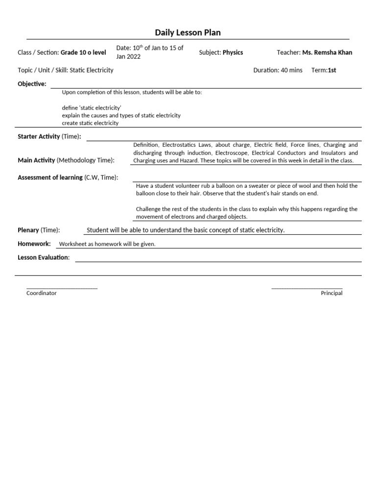 Daily Lesson Plan Format 10 o Level | PDF