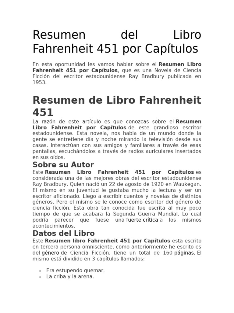 Resumen de Fahrenheit 451 por Capítulos | PDF