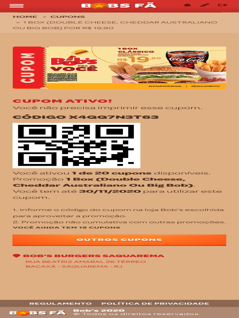 Cupom Bob's: Box por R$ 19,90 | PDF