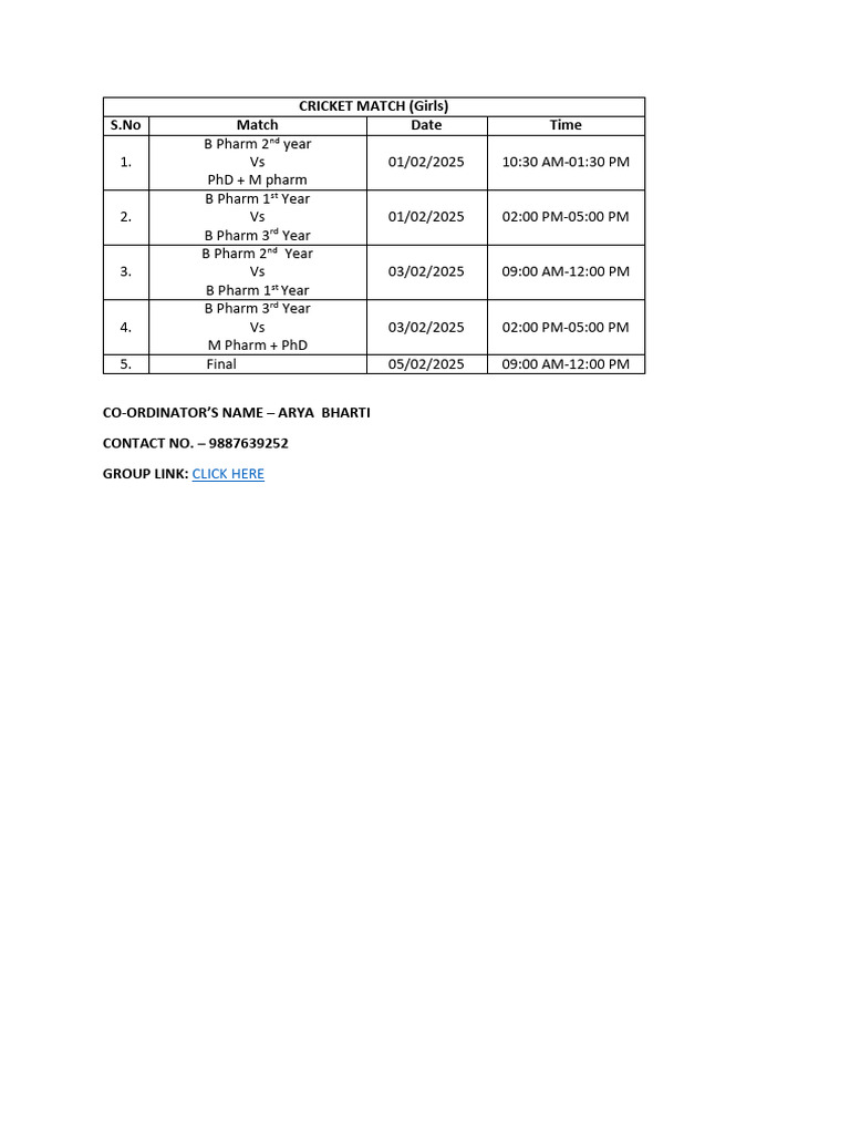 Cricket Girls Scheduled | PDF