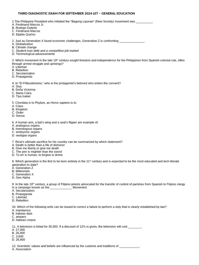 9.1 Sir Claide Third Diagnostic Exam For September 2024 Let - General ...