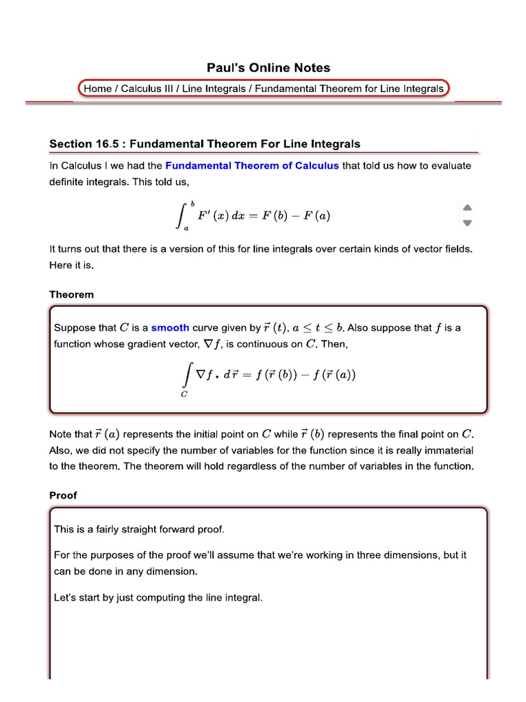 Fundamental Theorem For Line Integrals | PDF